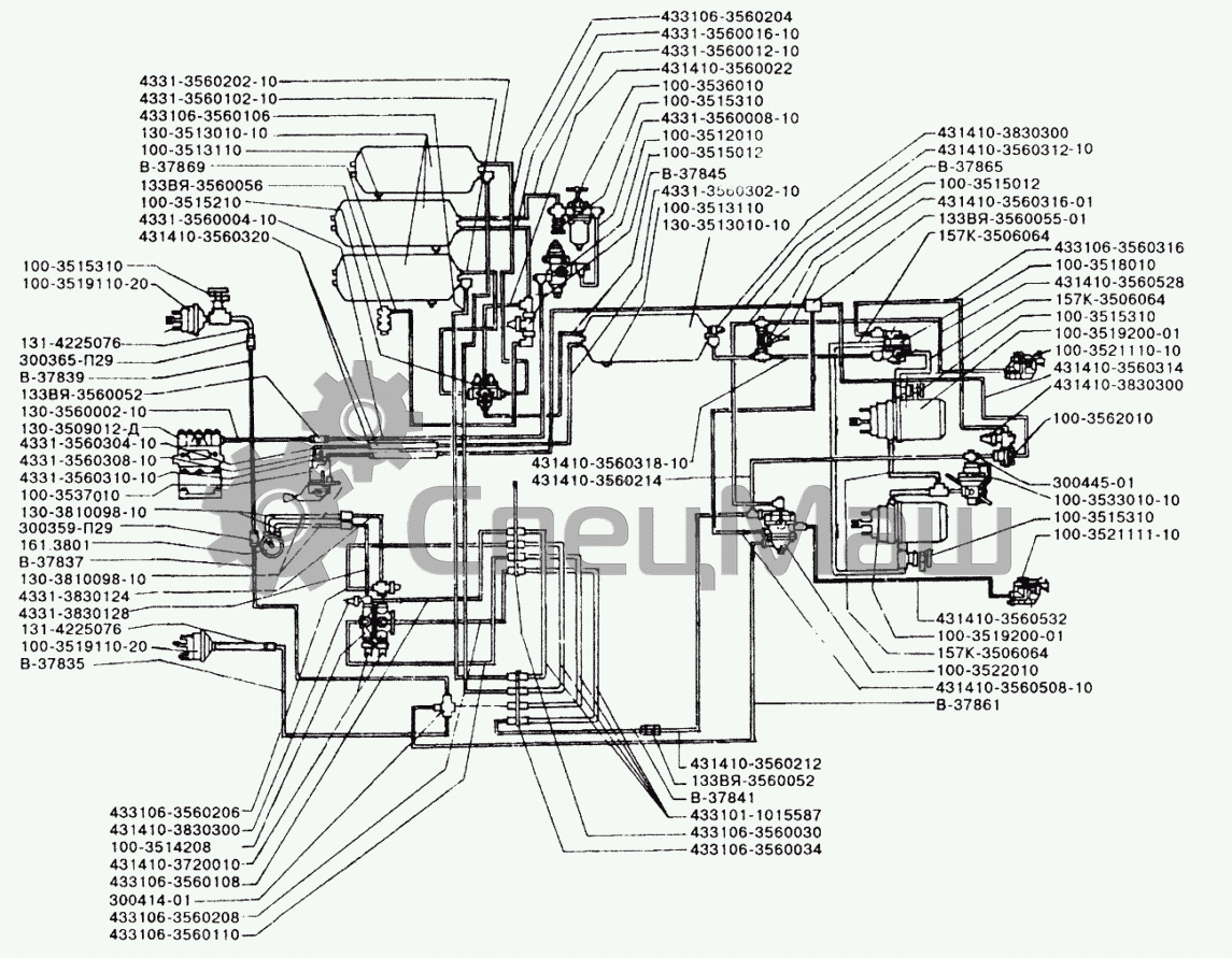 Пневматическая схема привода тормозных систем с предохранителем от ...
